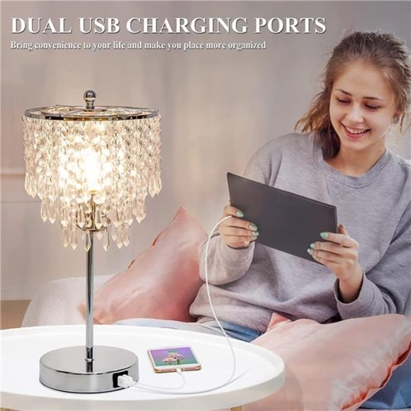 Accents | Touch Control Crystal Table Lamp With Dual Usb Charging Ports ...